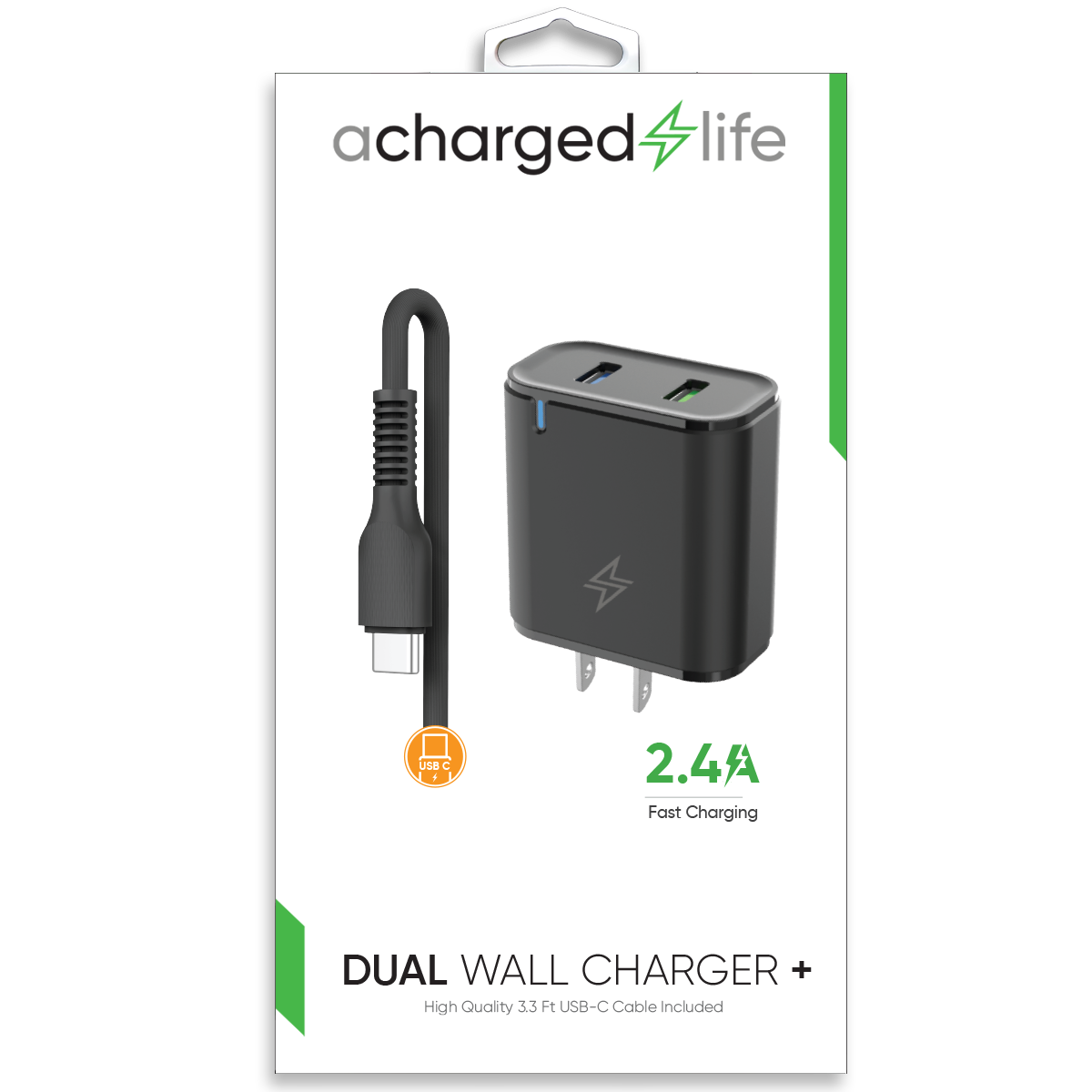 Cable USB-C 3.3Ft w/Wall Charger 2.4A Black – A Charged Life